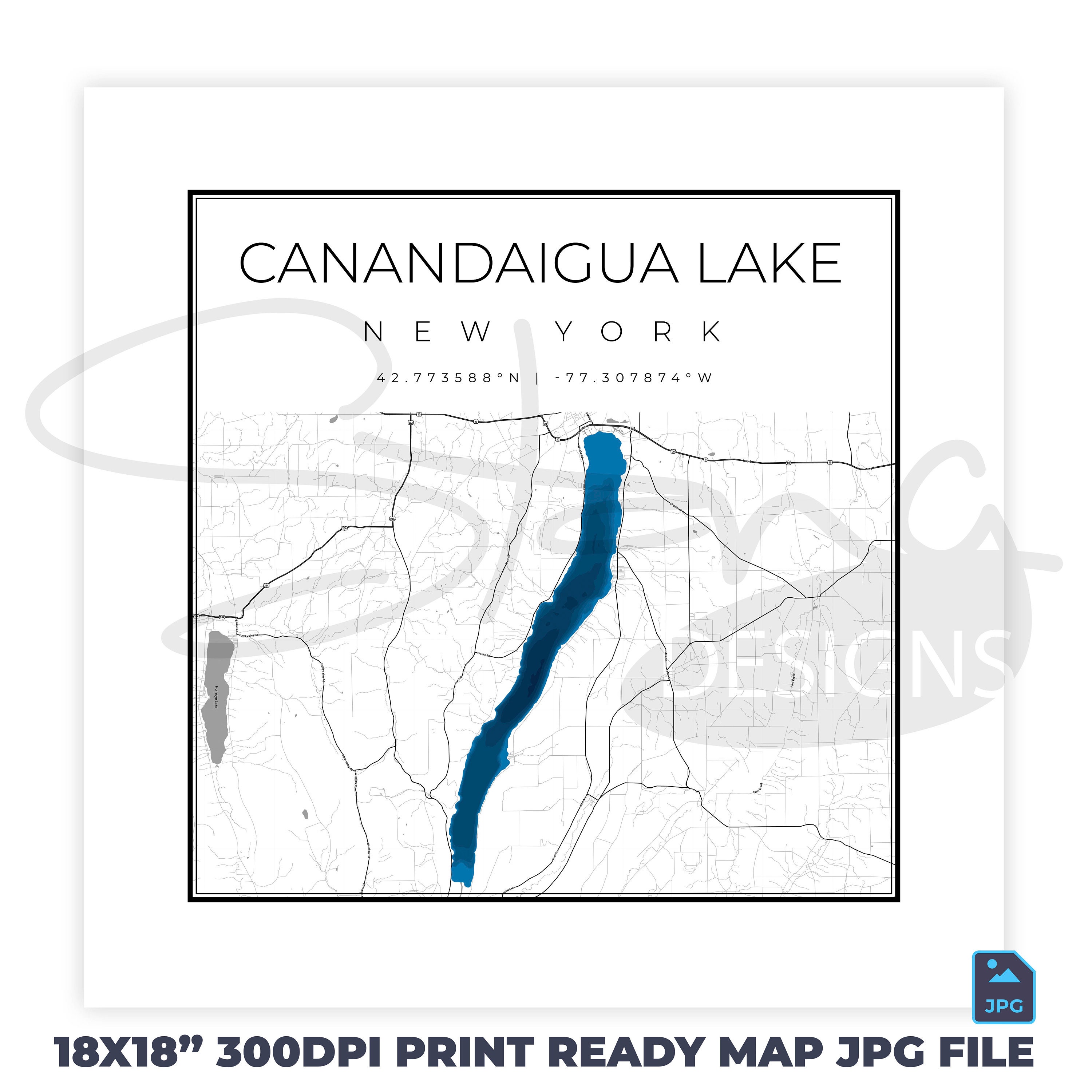 Canandaigua Lake NY Topographical Map | Print Ready Wall Decor ...