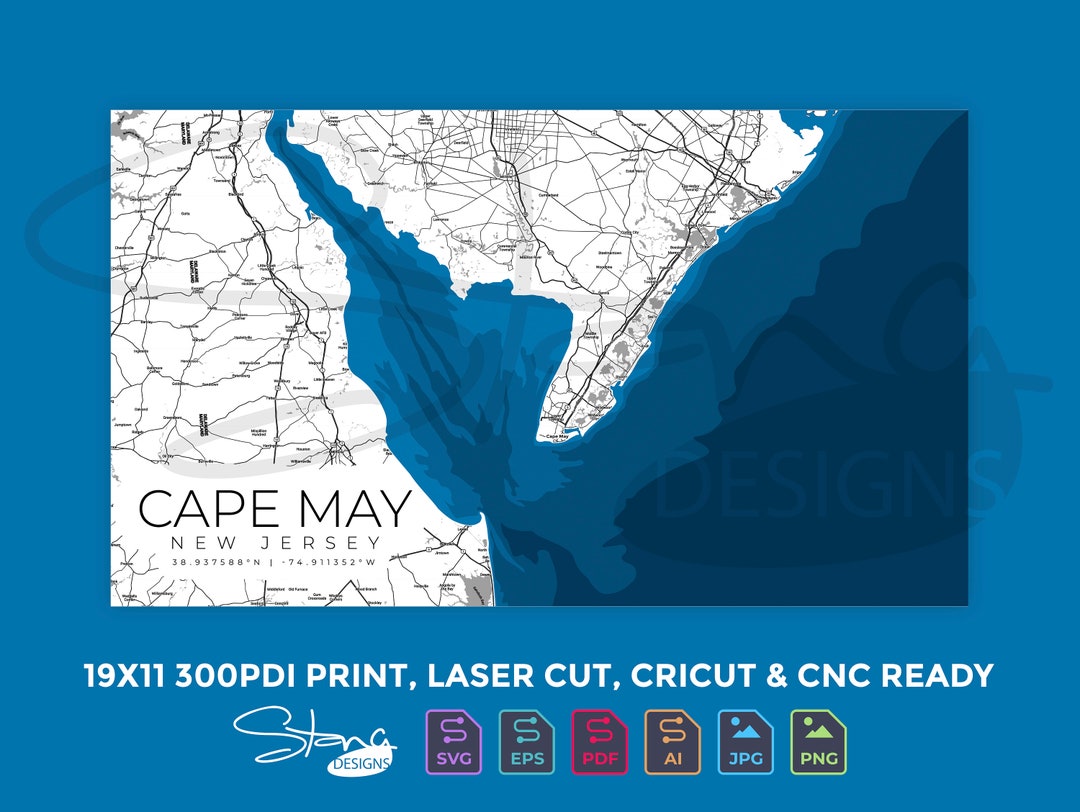 Cape May,nj 19x11 Topographical Map | Print Ready Wall Decor | Multiple ...