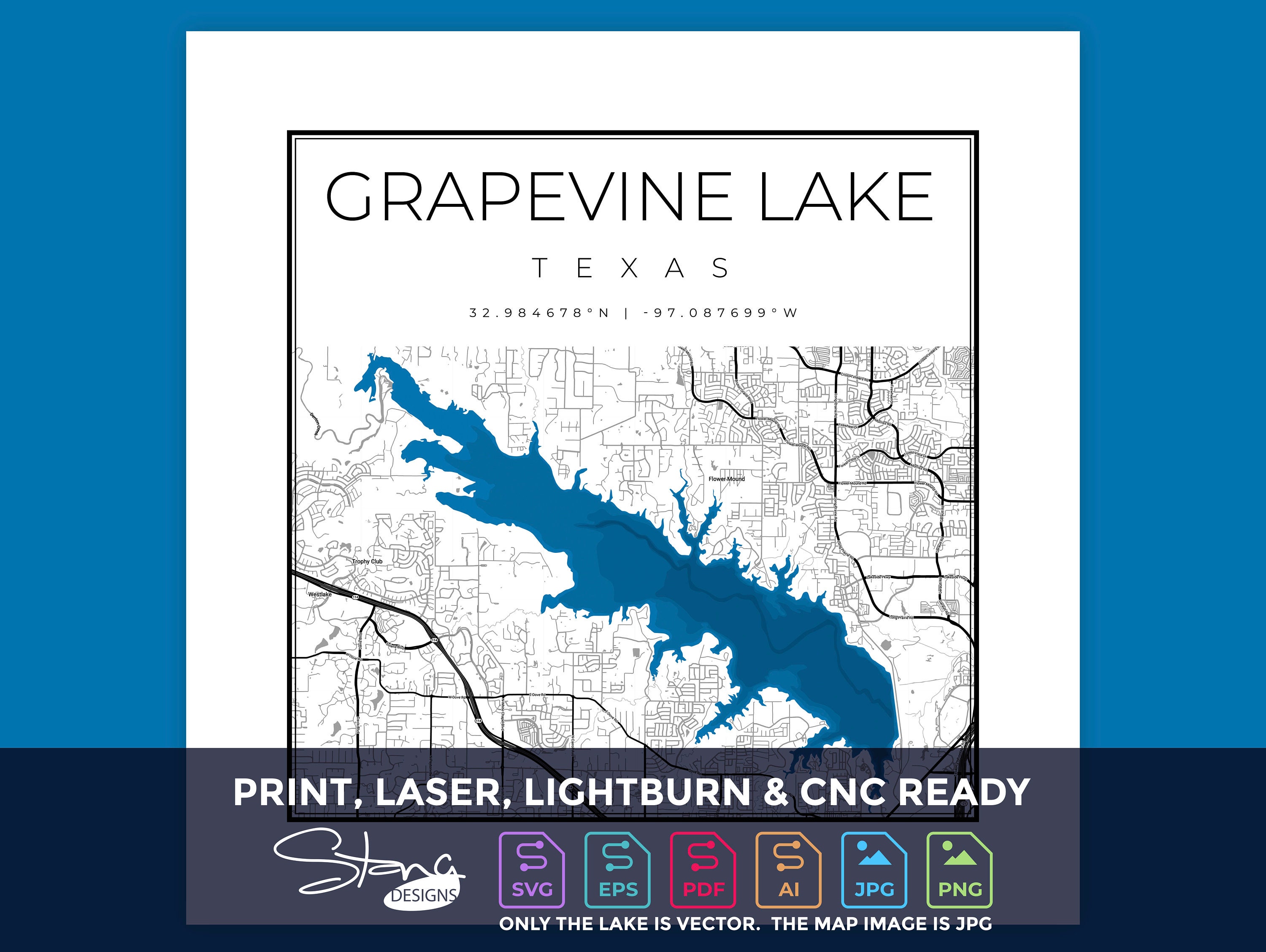 Grapevine Lake TX Topographical Map | Print Ready Wall Decor | Multiple ...