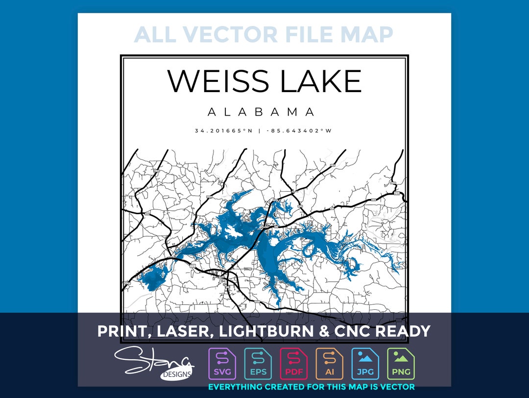Weiss Lake AL Topographical Map | Print Ready Wall Decor | Multiple ...