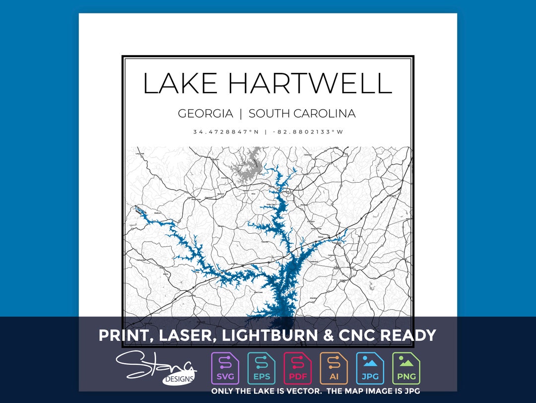Lake Hartwell GA SC Topographical Map | Print Ready Wall Decor ...