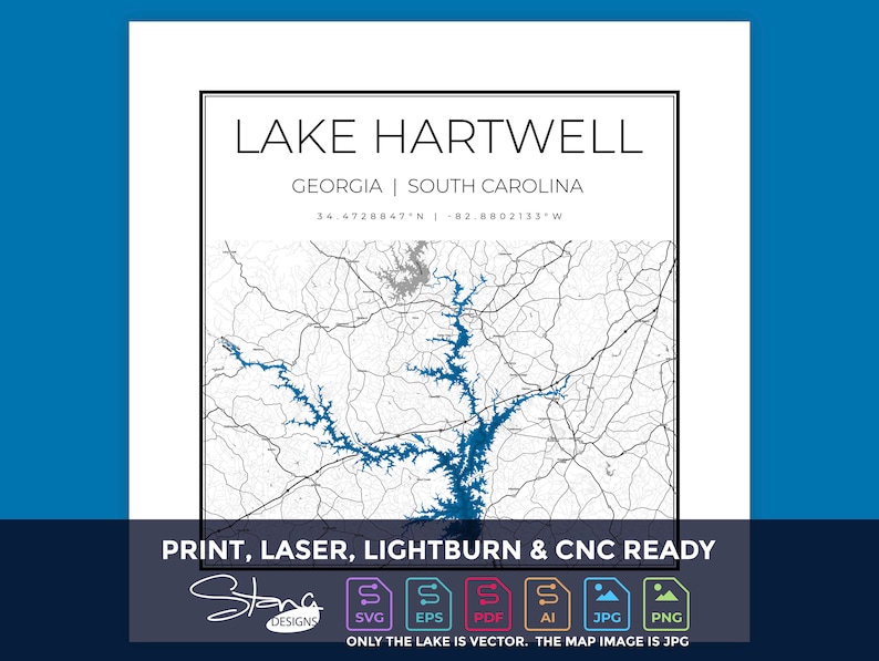 Lake Hartwell GA SC Topographical Map | Print Ready Wall Decor ...