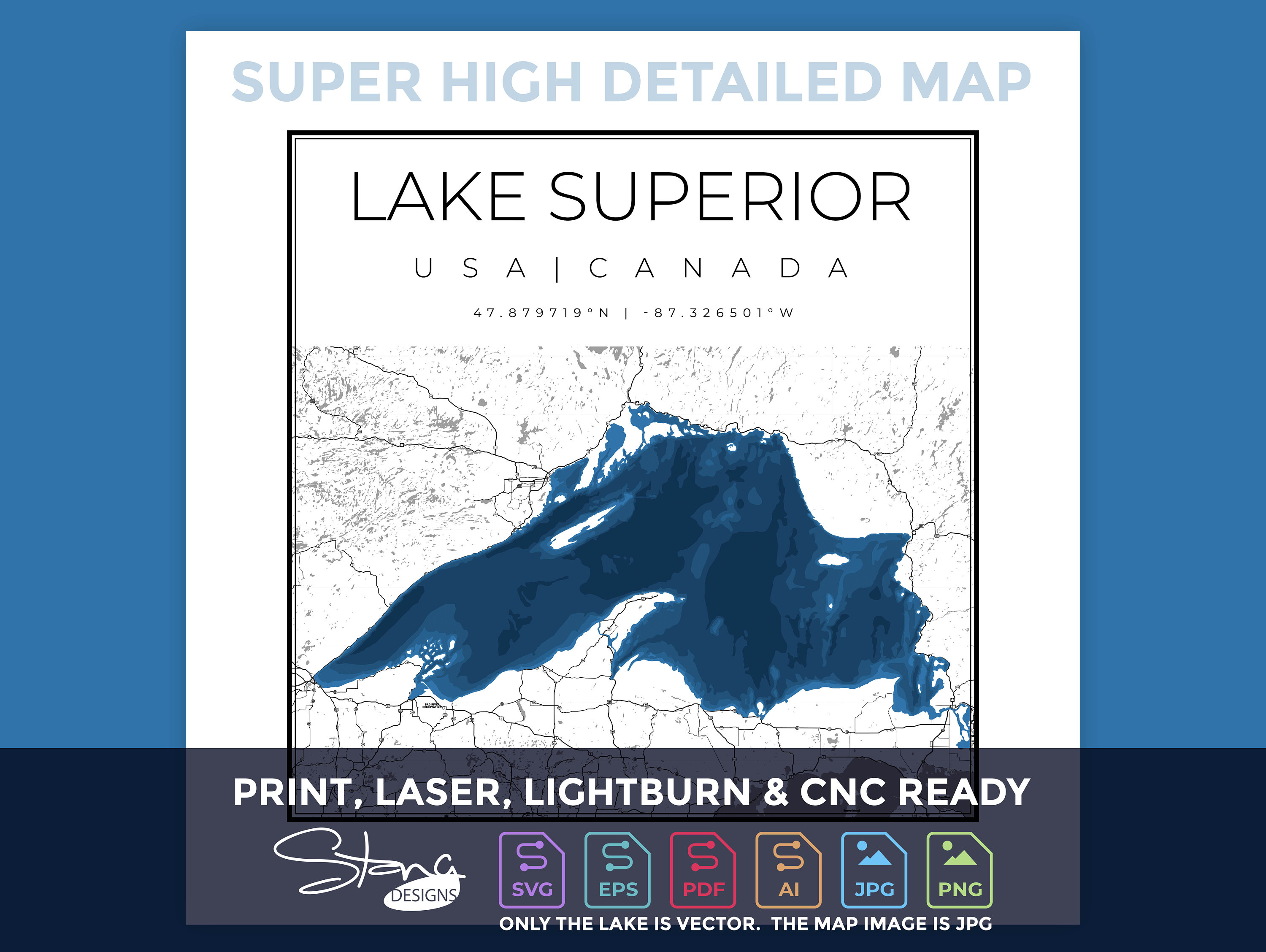 Lake Superior SUPER HIGH DETAIL Topographical Map Print Ready Wall ...