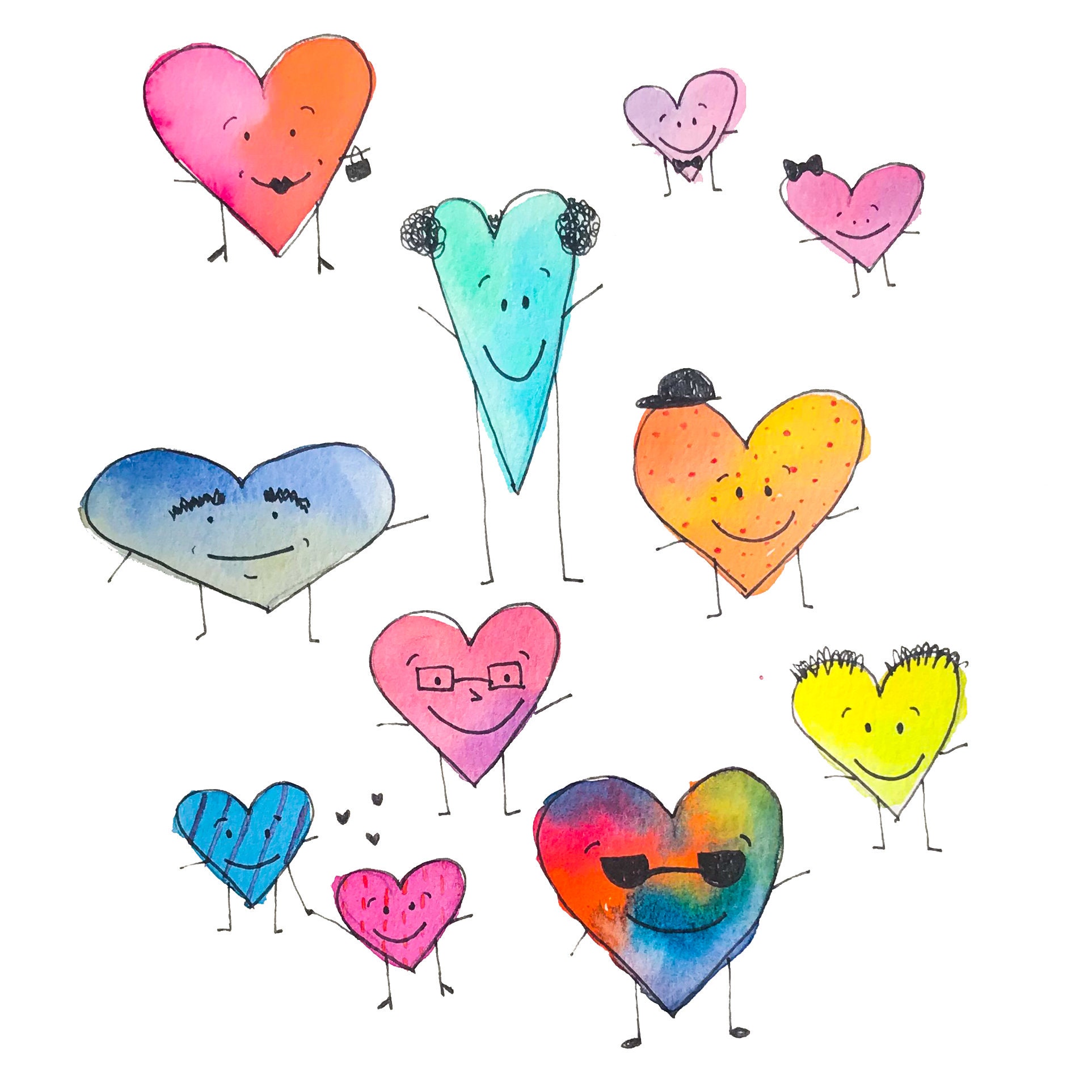 Watercolor Heart Doodle Watercolor Art Print - Etsy