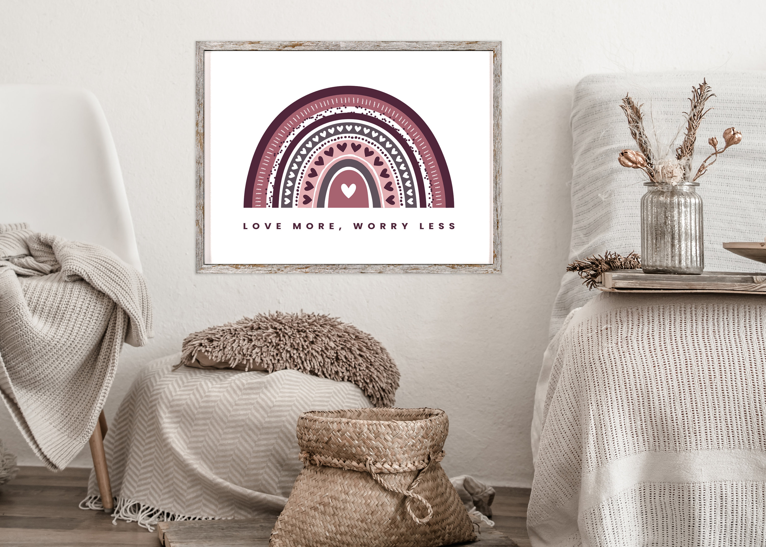 Boho Rainbow Positive Pink Print - DIGITAL Download, Love More Worry ...