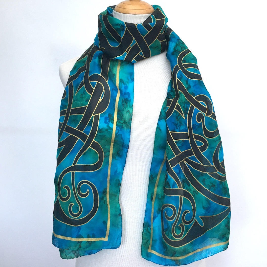 Celtic Silk Scarf in Vibrant Blues Green Tones, in Rich Pink or in ...
