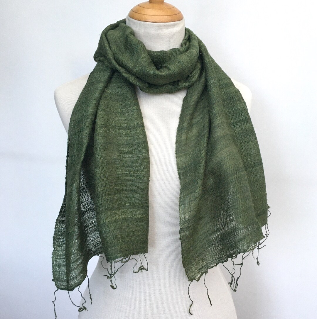 Long Scarf in Dark Green Raw Silk. Hand-woven, Raw Silk. - Etsy