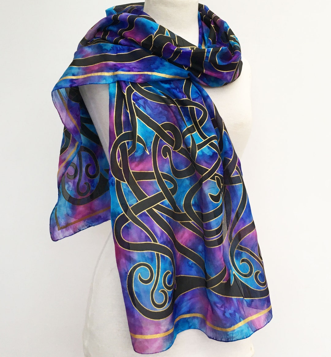 Long Celtic Silk Scarf Hand-painted in Blues With a Spash of Pink. Also ...