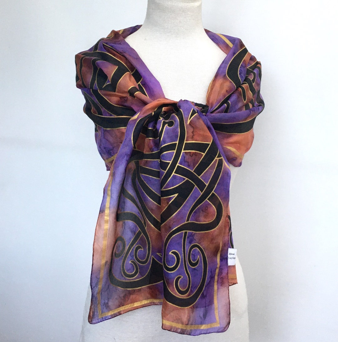 Celtic Silk Scarf in Purple and Copper. Long, Hand Painted, Pure Silk ...