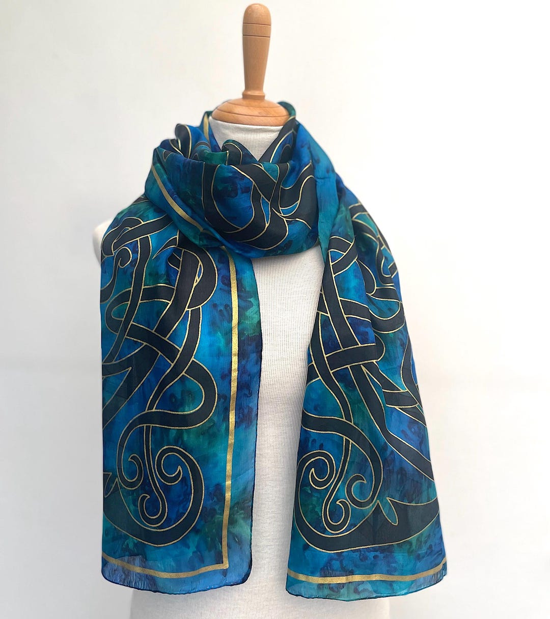 Long Celtic Silk Scarf in Dark Blues and Also in Emerald Green. Hand ...
