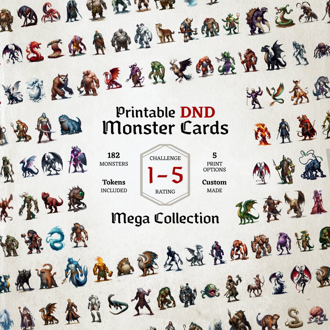 D&D Monster Cards, Challenge 1 to 5, Mega Collection, Tokens, Foldable ...
