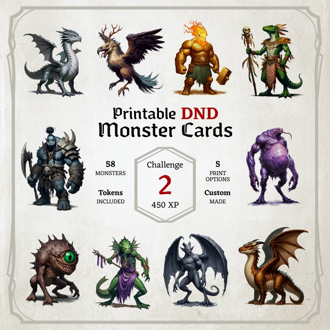 D&D Monster Cards, Challenge 2, Tokens, Foldable Board Cards, Custom ...