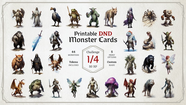 D&D Monster Cards, Challenge 1/4, Tokens, Foldable Board Cards, Custom Made, High-quality Cards ...