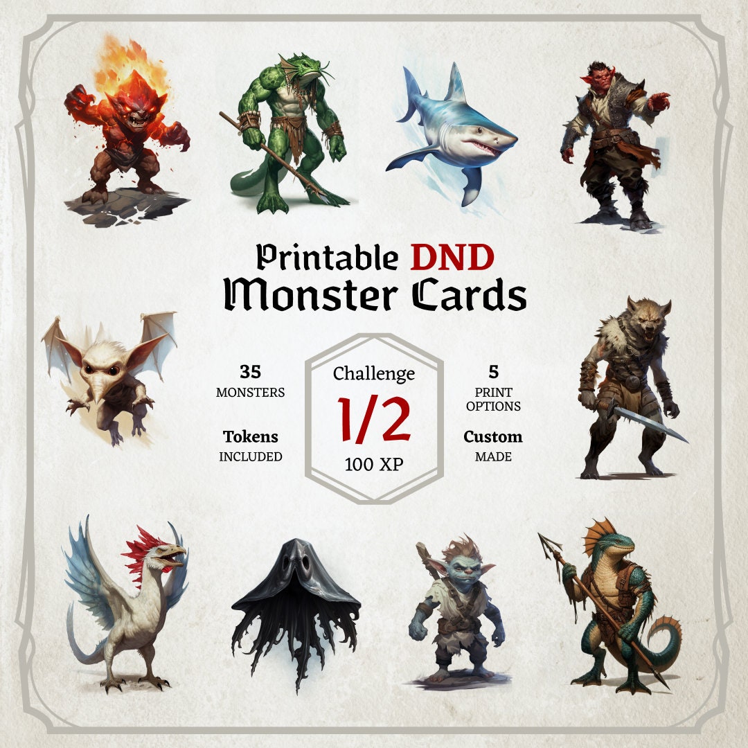 D&D Monster Cards, Challenge 1/2, Tokens, Foldable Board Cards, Custom ...