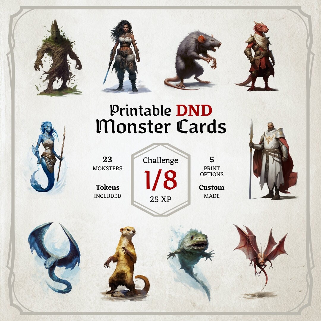 D&D Monster Cards, Challenge 1/8, Tokens, Foldable Board Cards, Custom ...