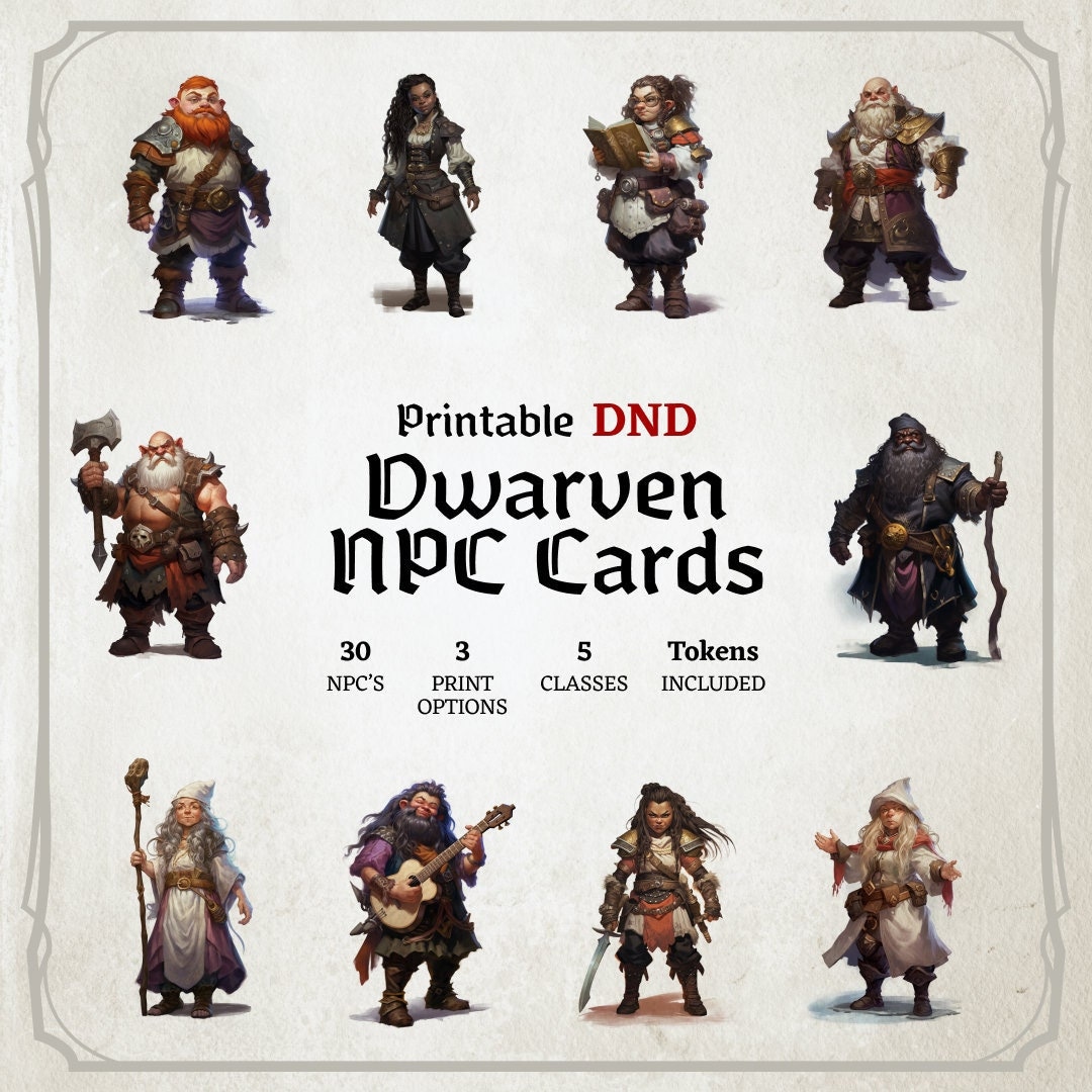 D&D NPC Cards, Dwarfs, 5 Classes, Tokens, Foldable Board Cards, Custom ...