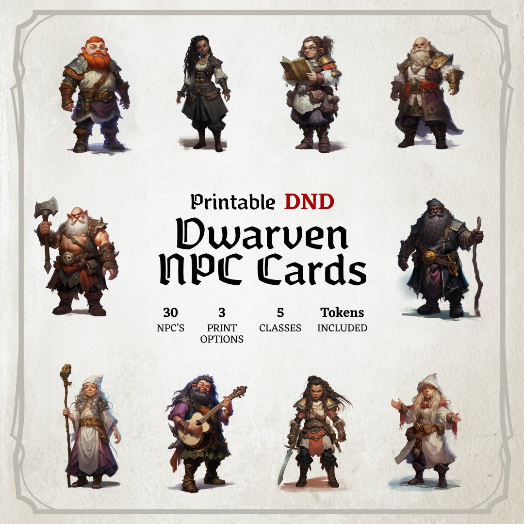 D&D NPC Cards, Dwarfs, 5 Classes, Tokens, Foldable Board Cards, Custom ...