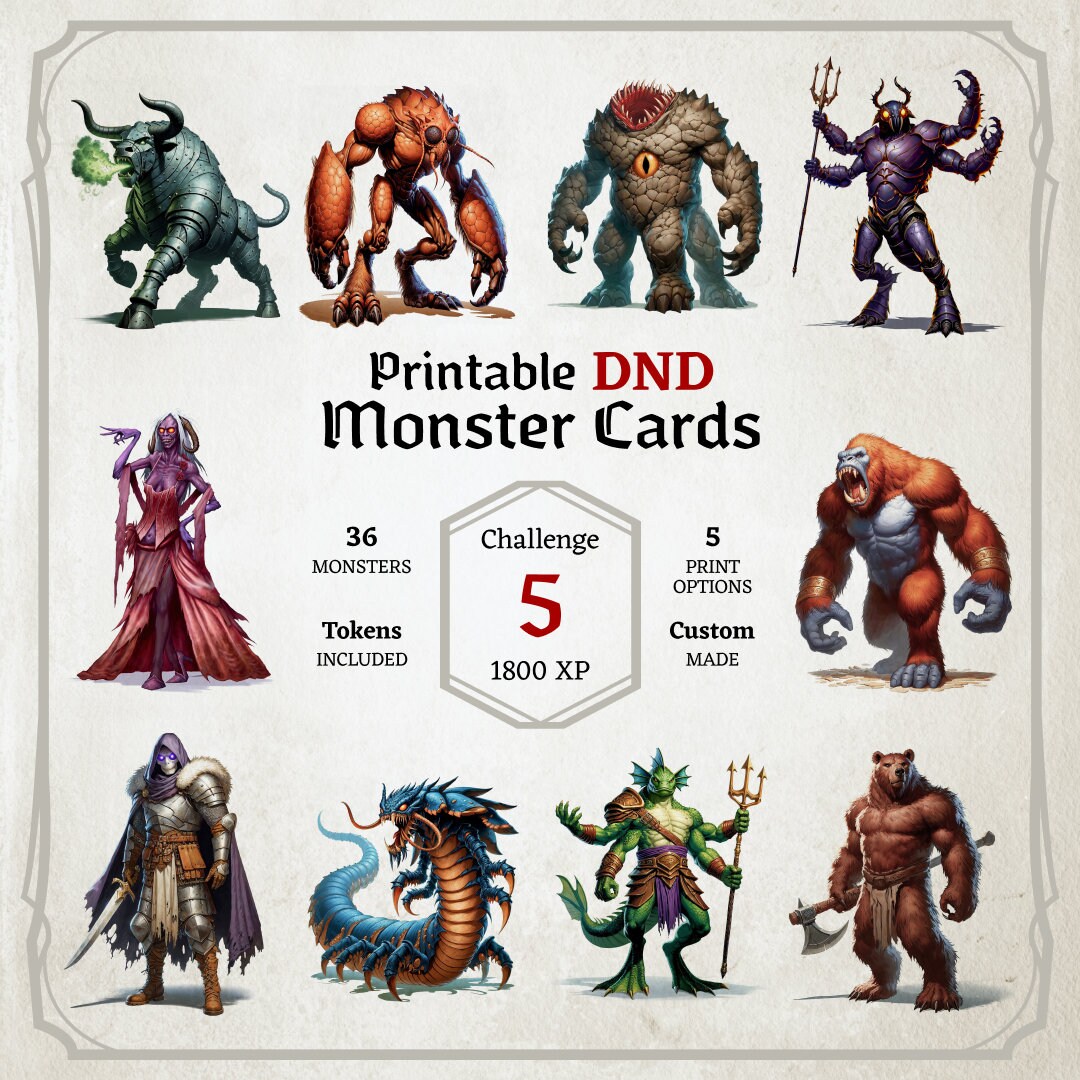 D&D Monster Cards, Challenge 5, Tokens, Foldable Board Cards, Custom ...