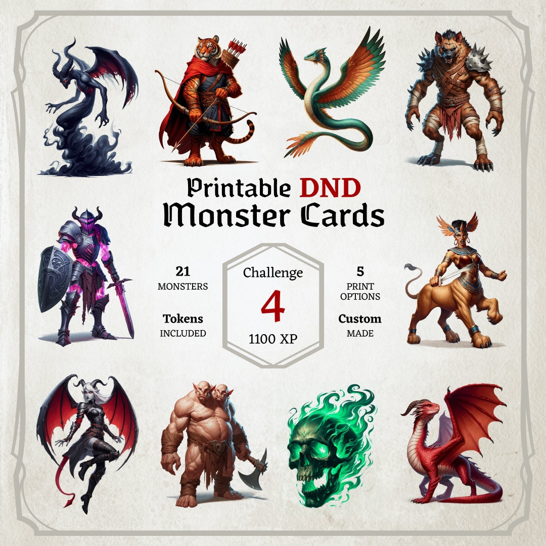 D&D Monster Cards, Challenge 4, Tokens, Foldable Board Cards, Custom ...