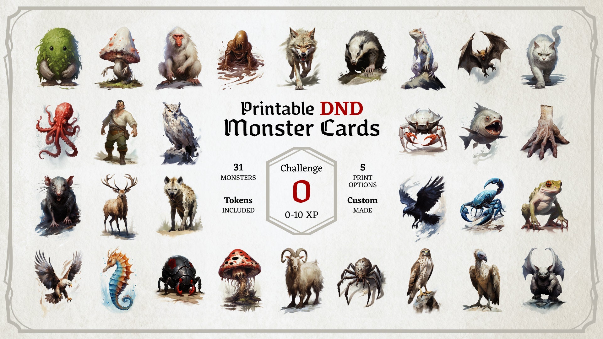 D&D Monster Cards, Challenge 0, Tokens, Foldable Board Cards, Custom ...