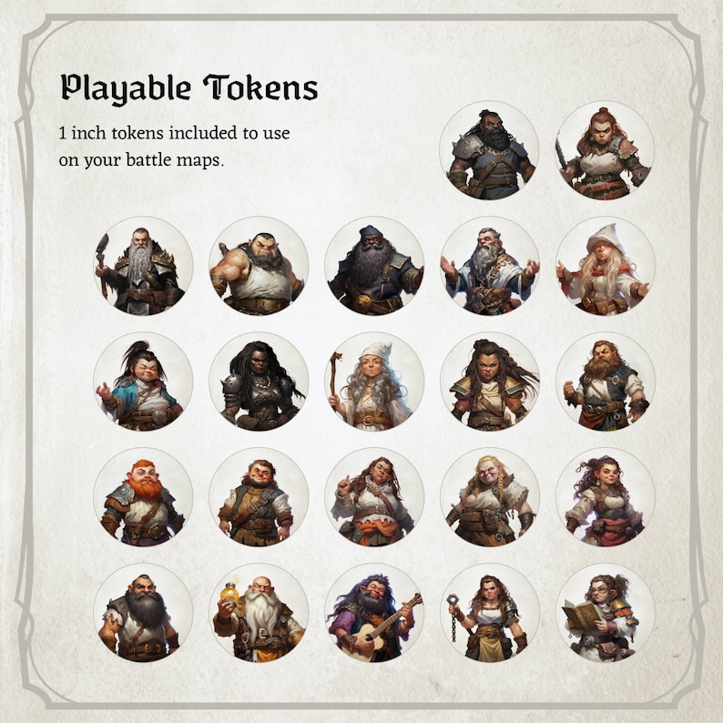 D&D NPC Cards, Dwarfs, 5 Classes, Tokens, Foldable Board Cards, Custom ...