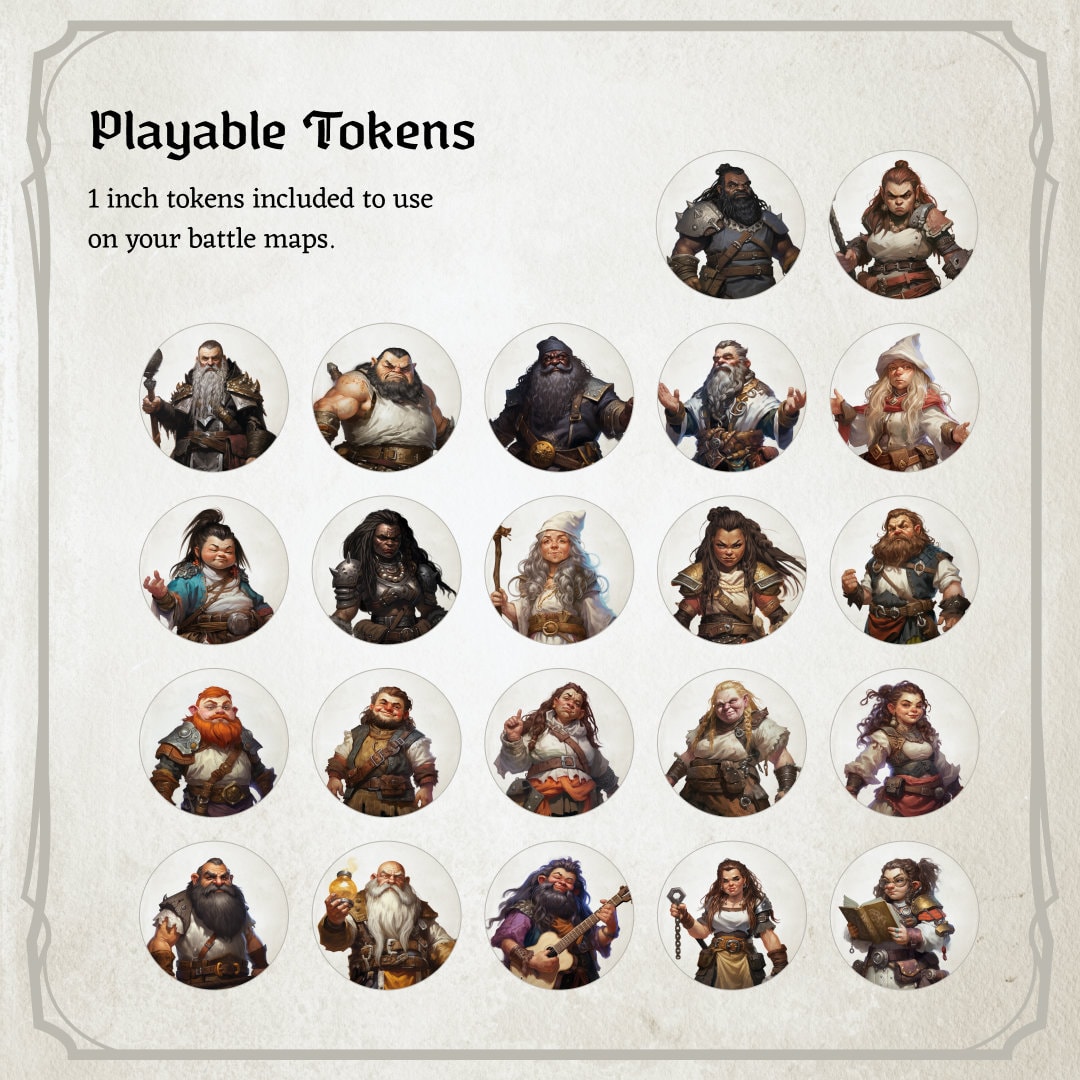 D&D NPC Cards, Dwarfs, 5 Classes, Tokens, Foldable Board Cards, Custom ...