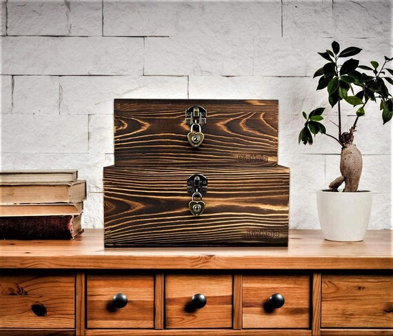 Wooden Box With Lock and Keys Hinged Lid Treasure Rustic - Etsy