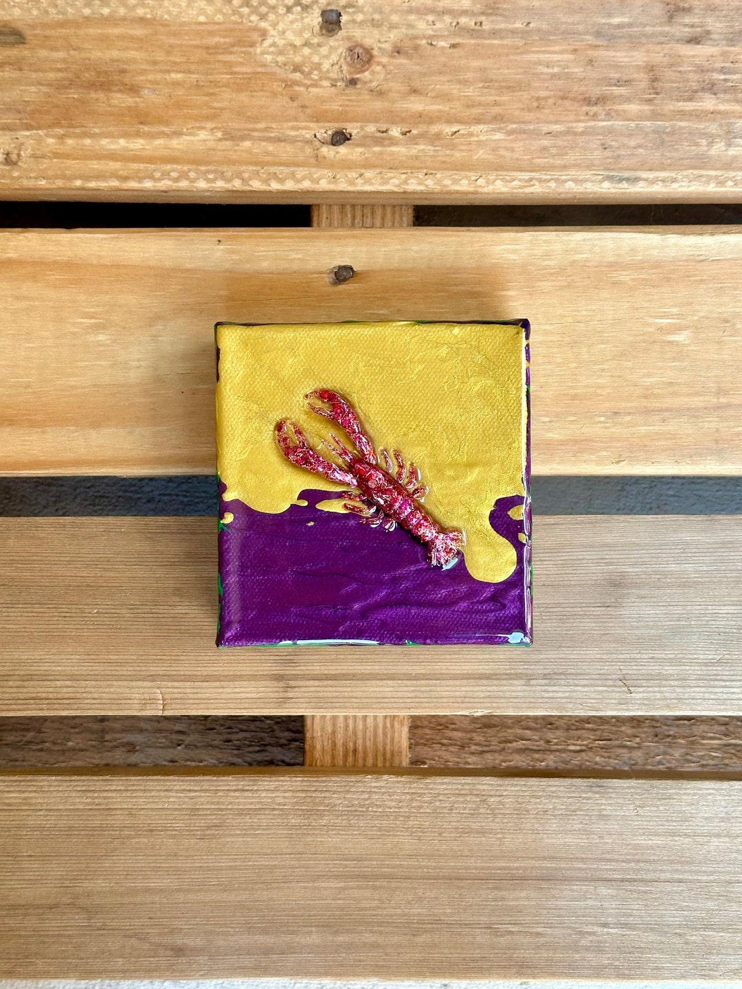 Crawfish Art, Painted Resin Lobster on Canvas With Resin Coating, Red ...