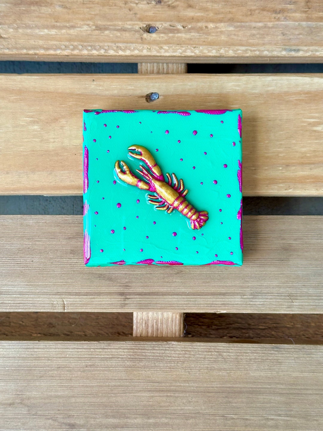 Crawfish Art, Resin Lobster on Canvas With Resin Coating, Gold Crawfish ...