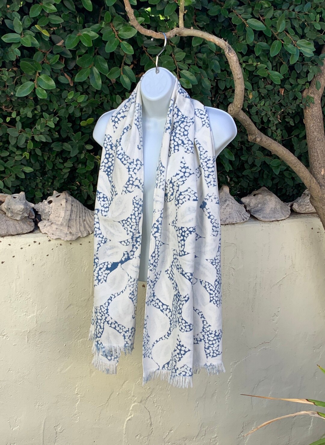 BIS GENE EWING White Cotton Scarf With Blue Leaf Pattern - Etsy