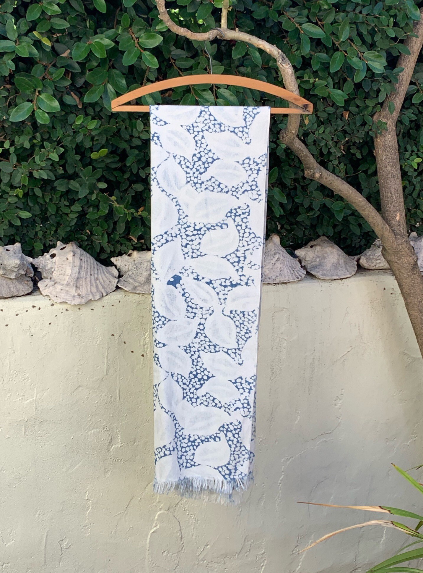 BIS GENE EWING White Cotton Scarf With Blue Leaf Pattern - Etsy