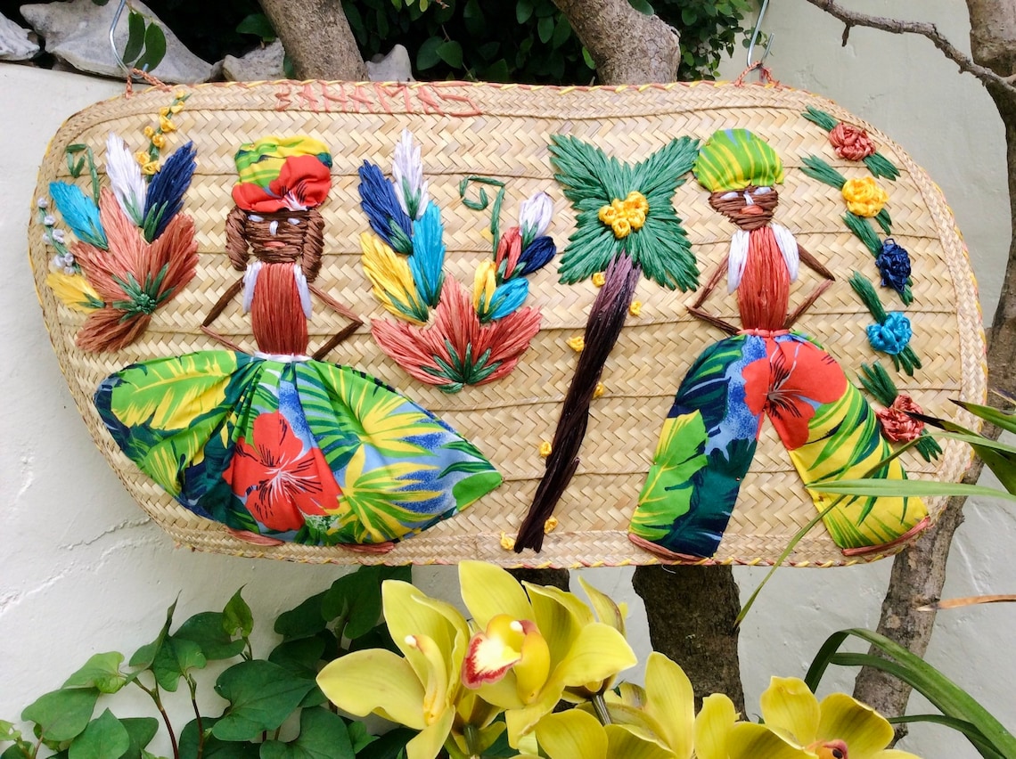 Handmade Straw Bahamas Wall Hanging With Fabric Embroidery and Raffia ...