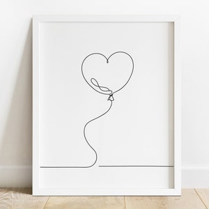 Heart Balloon Line Drawing, Newlyweds Gift, Valentine's Day Wall Art ...