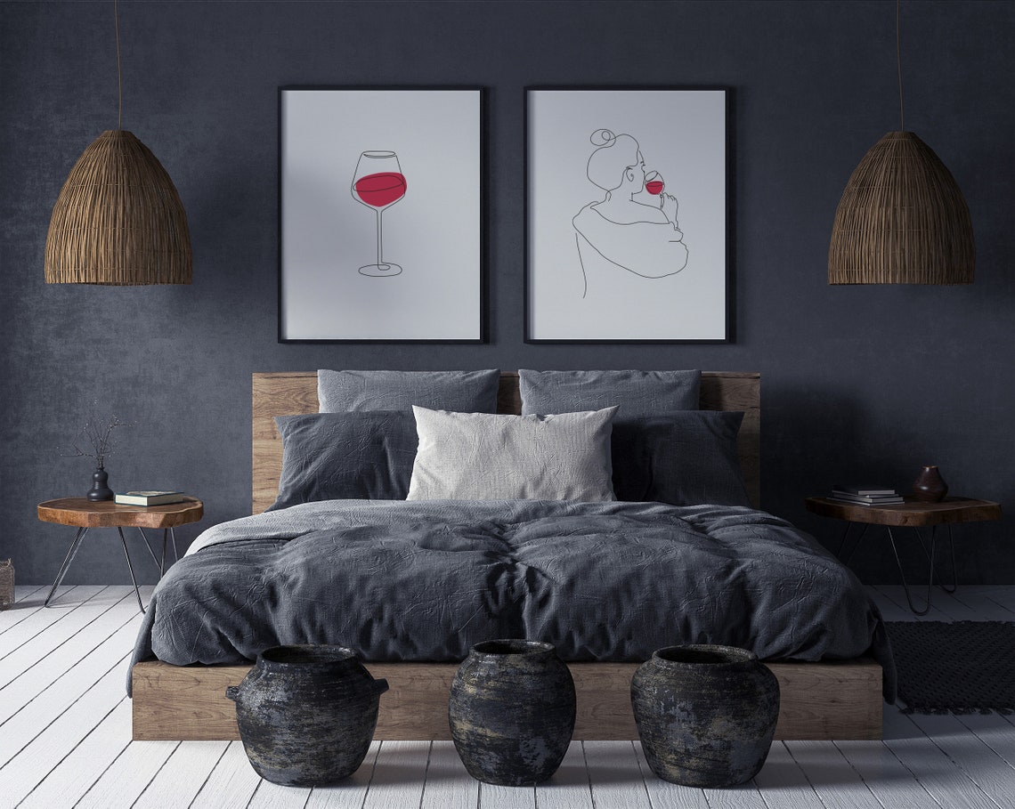 Set of 2 Red Wine Line Drawings Wine Wall Art Woman Drinking - Etsy