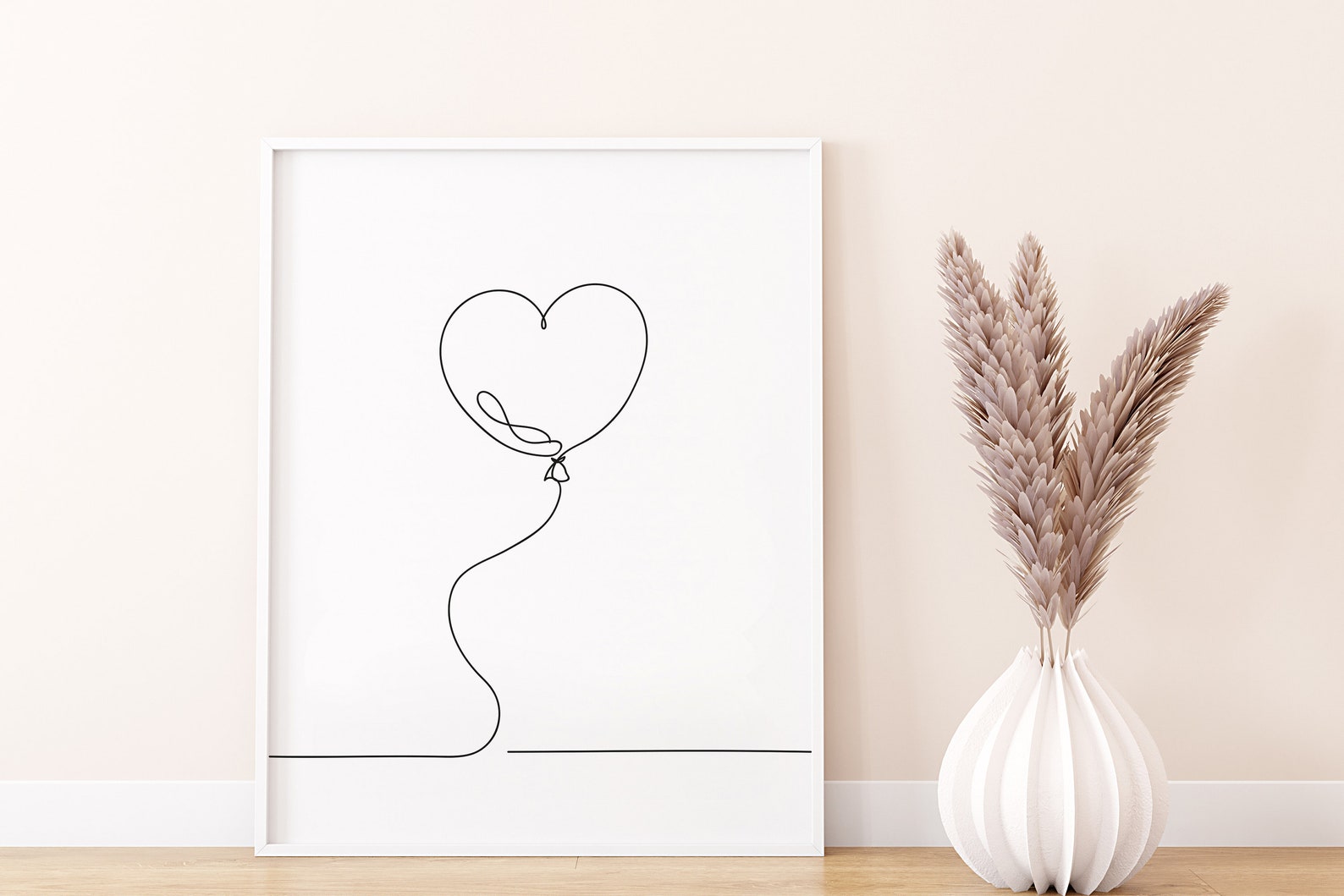 Heart Balloon Line Drawing, Newlyweds Gift, Valentine's Day Wall Art ...
