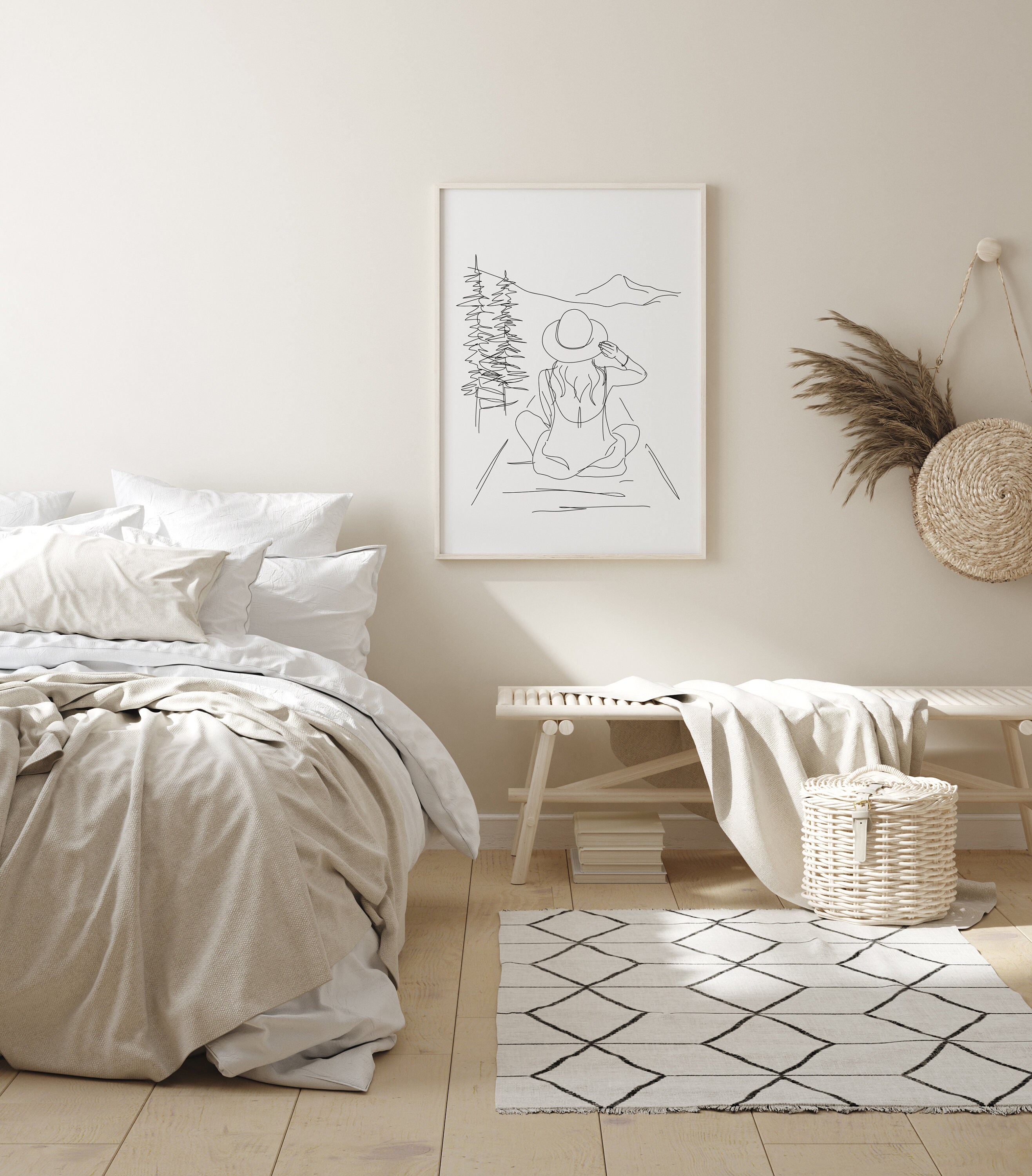 Wanderlust Line Drawing, Girl With Hat Line Art, Traveling Art Prints ...