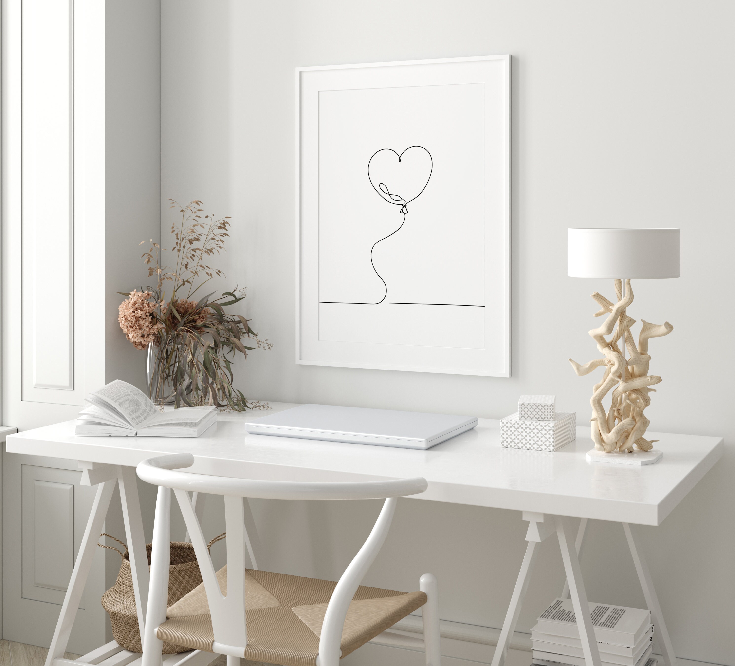 Heart Balloon Line Drawing, Newlyweds Gift, Valentine's Day Wall Art ...