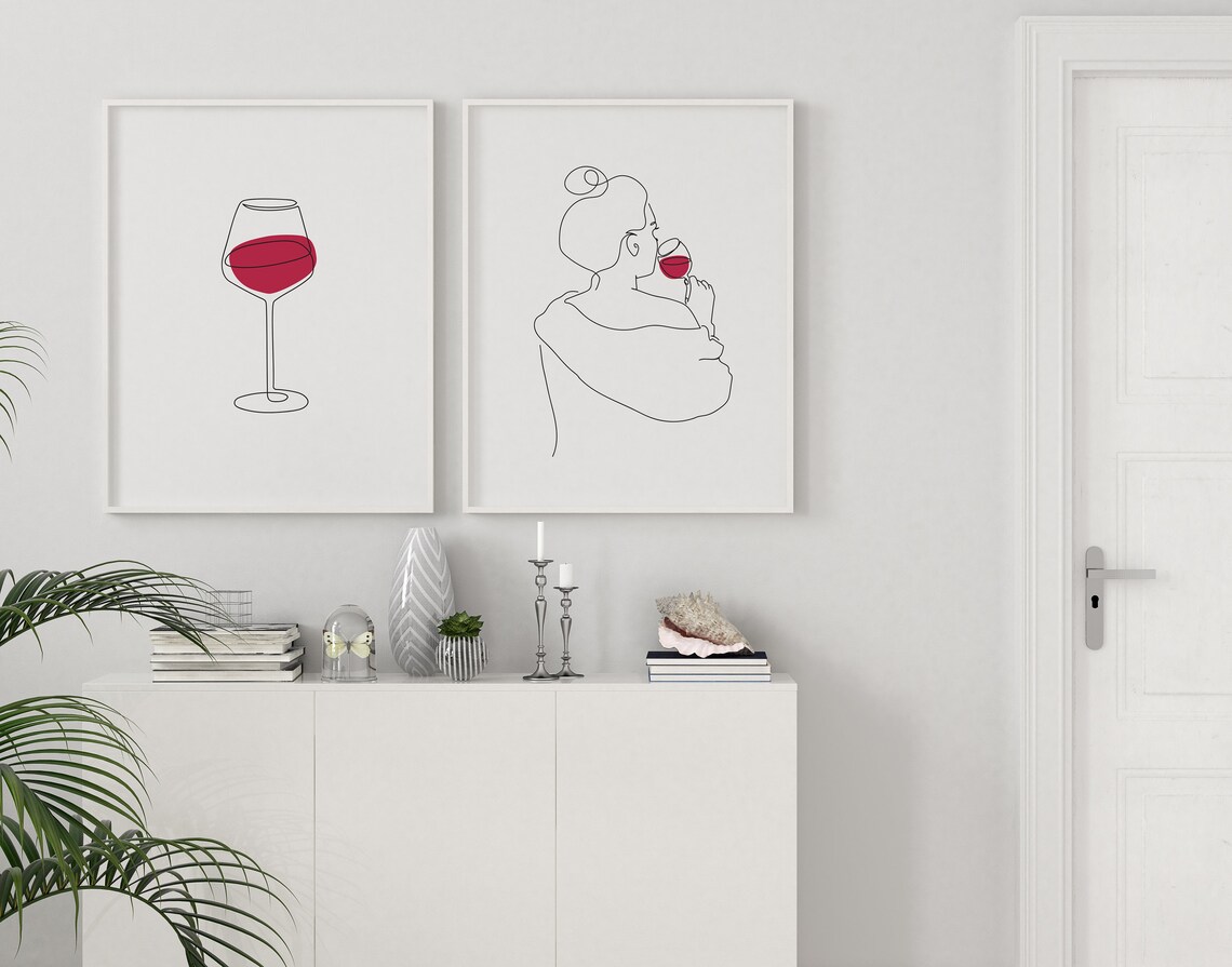 Set of 2 Red Wine Line Drawings Wine Wall Art Woman Drinking - Etsy
