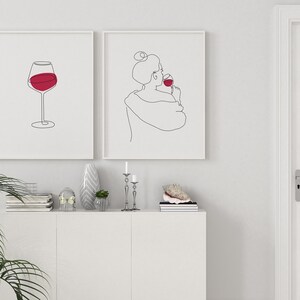 Set of 2 Red Wine Line Drawings, Wine Wall Art, Woman Drinking Wine ...