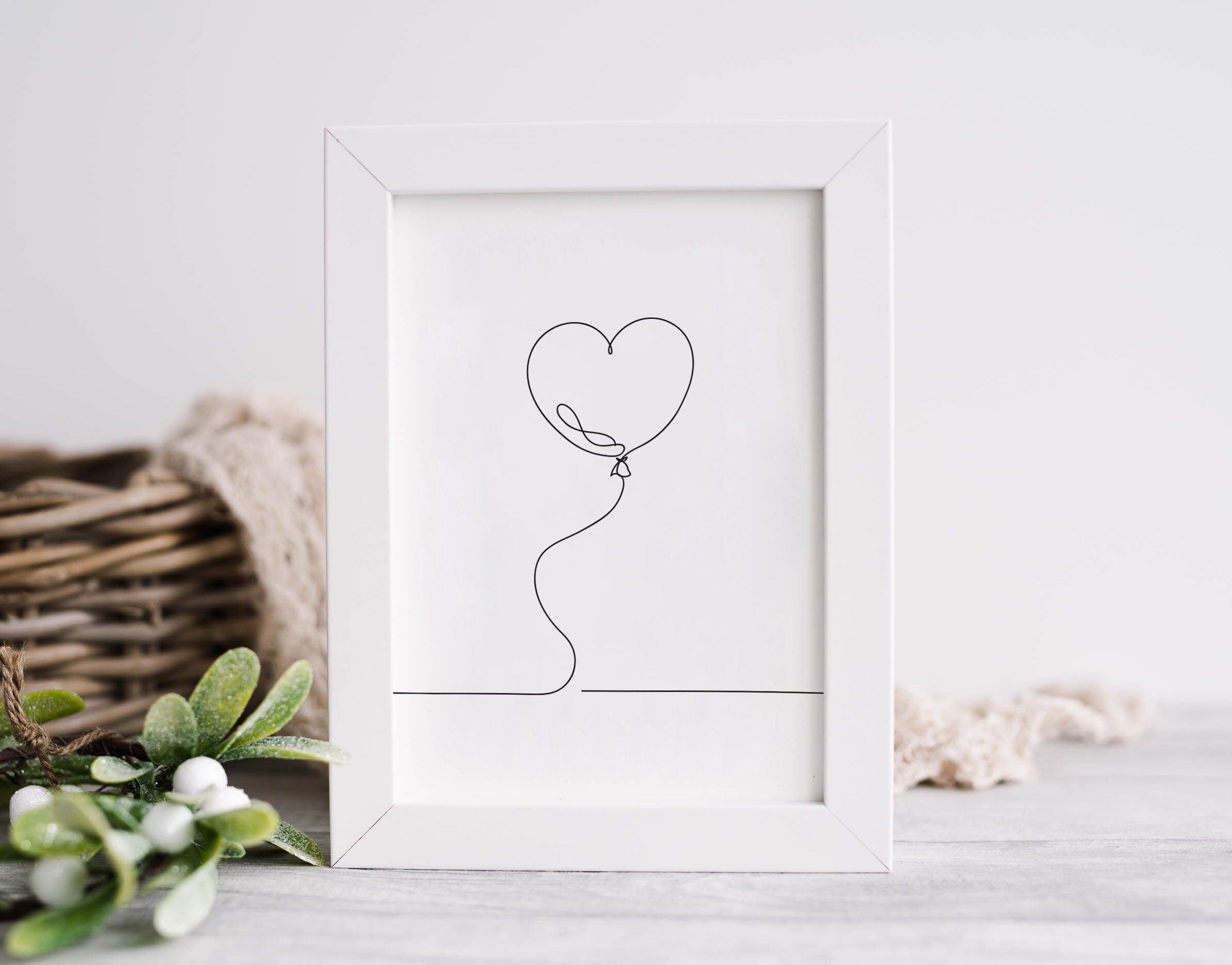 Heart Balloon Line Drawing, Newlyweds Gift, Valentine's Day Wall Art ...