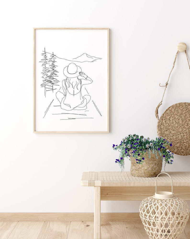 Wanderlust Line Drawing, Girl With Hat Line Art, Traveling Art Prints ...