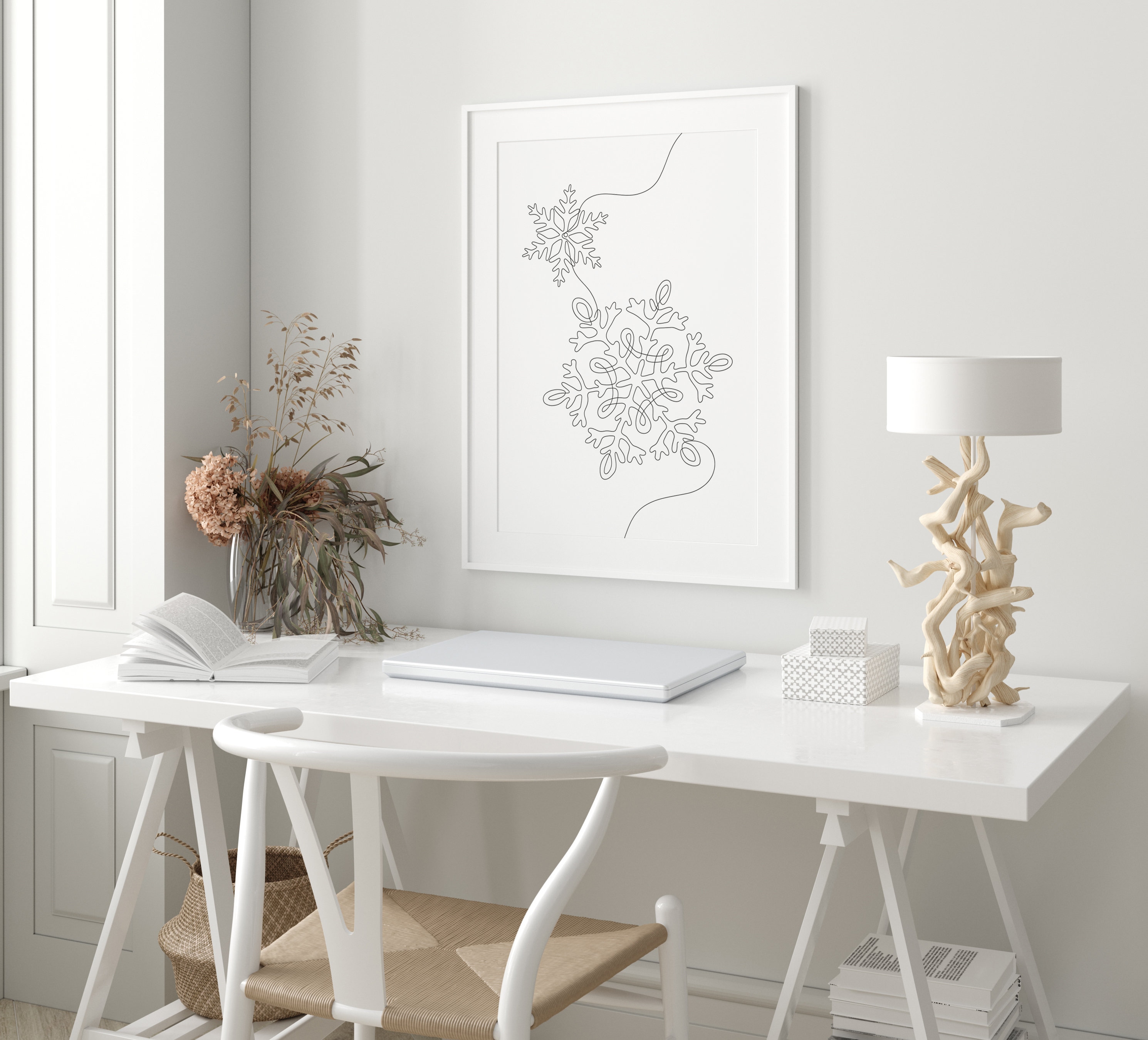 Snowflakes Line Drawing, Winter Line Art, Simple Snowflake Drawing ...