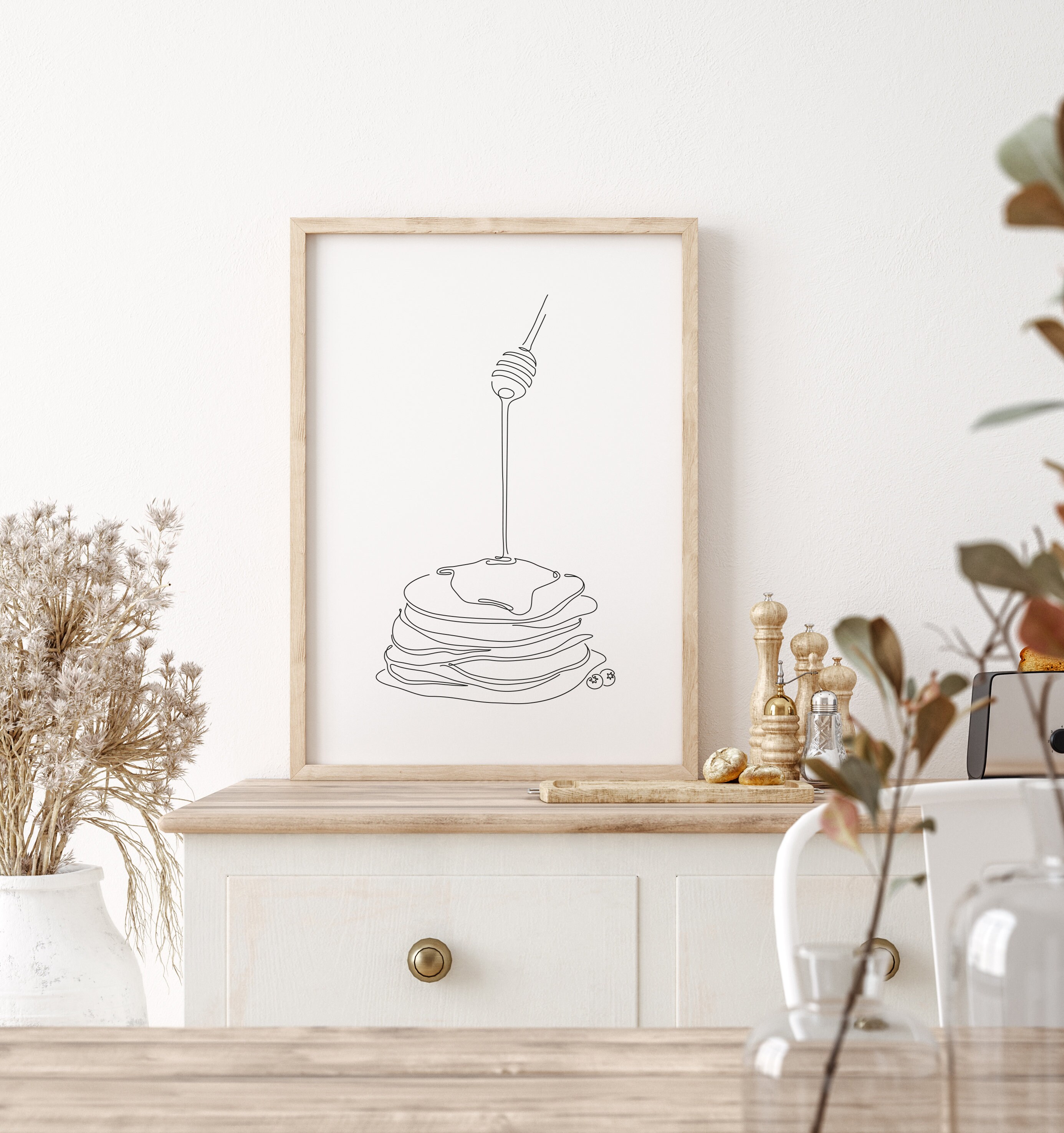 Pancakes With Syrup Poster, Breakfast Line Drawing, Pancakes Line Art ...