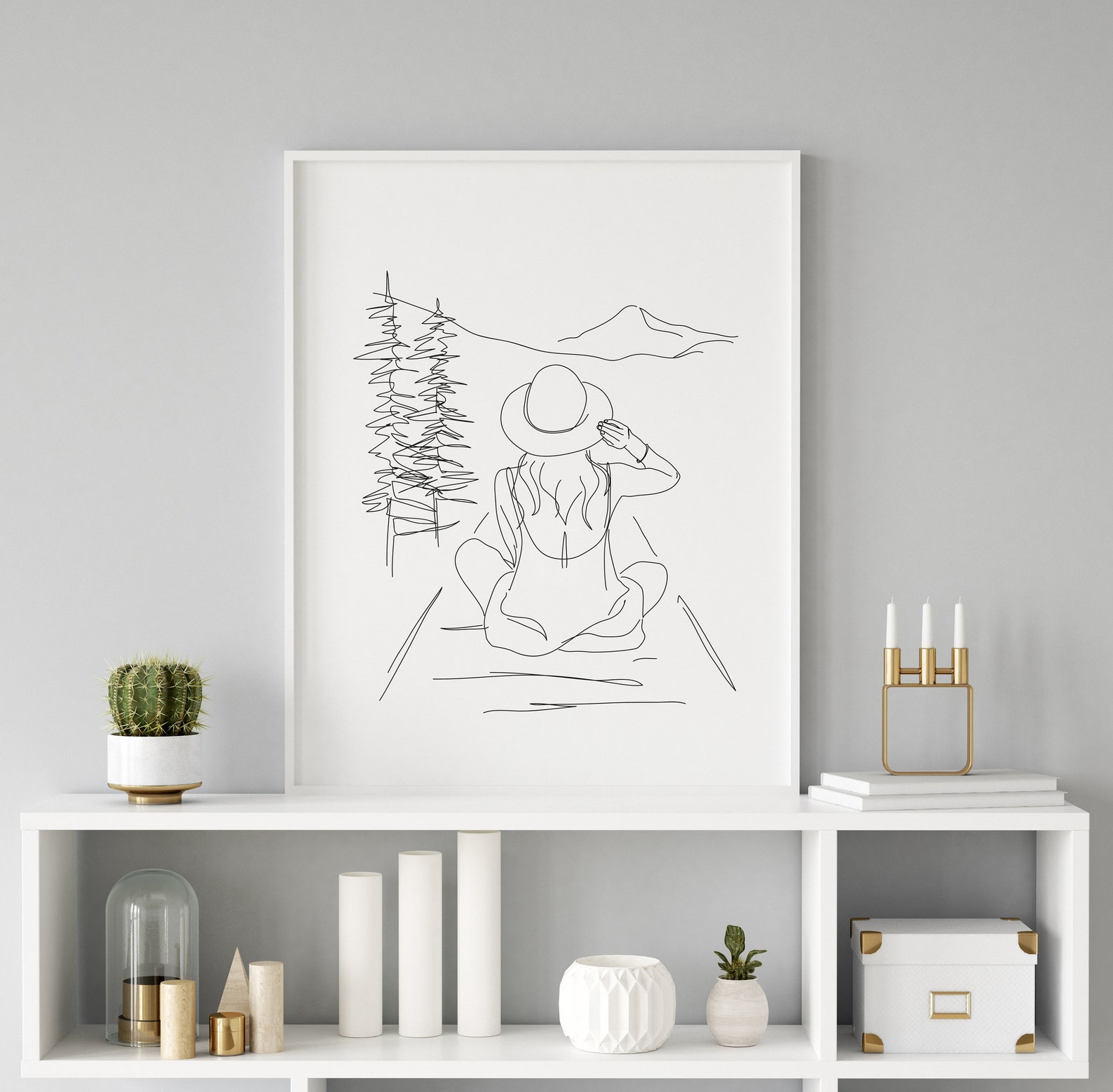 Wanderlust Line Drawing, Girl With Hat Line Art, Traveling Art Prints ...