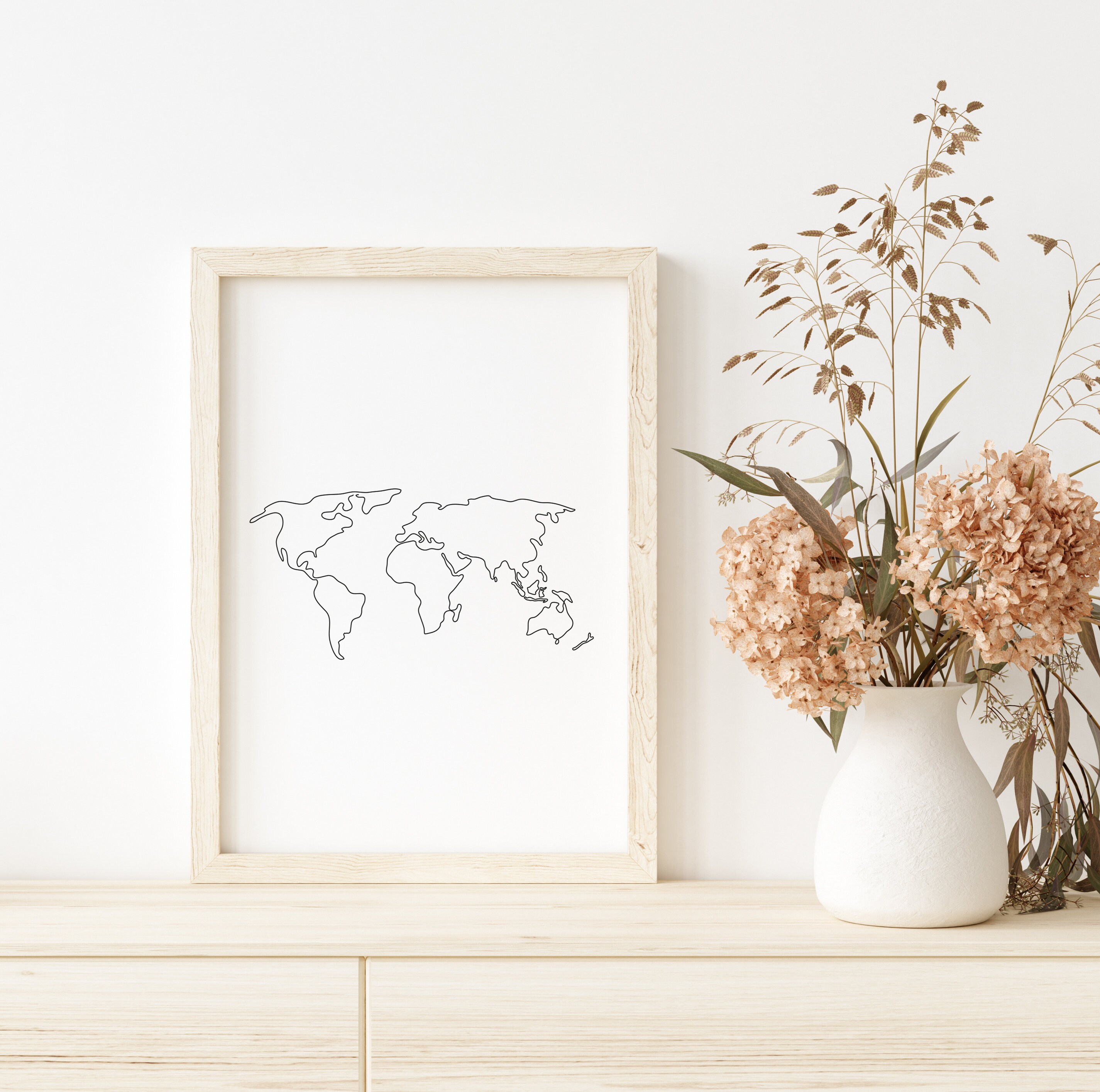 World Map Line Art, Black and White World Map Poster, Wanderlust Wall ...