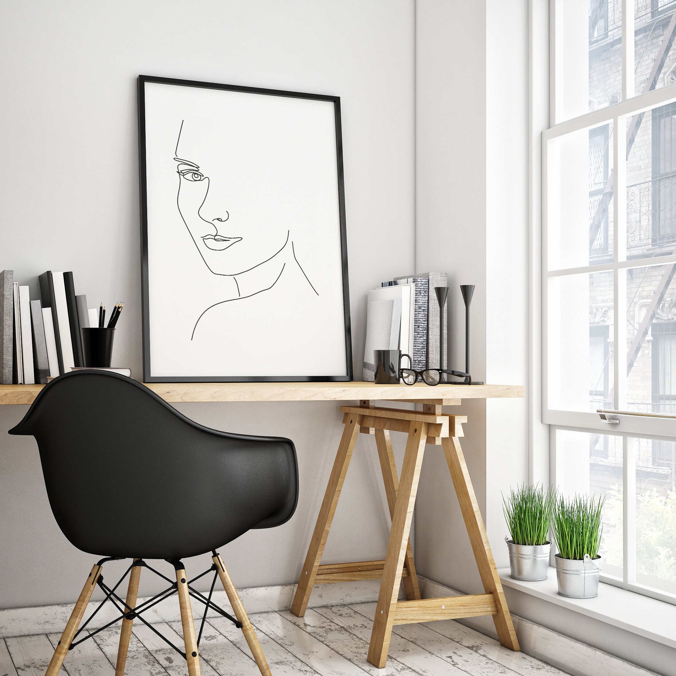 Line Drawing Portrait, Woman Looking Over Shoulder, Wall Art, Face Line ...