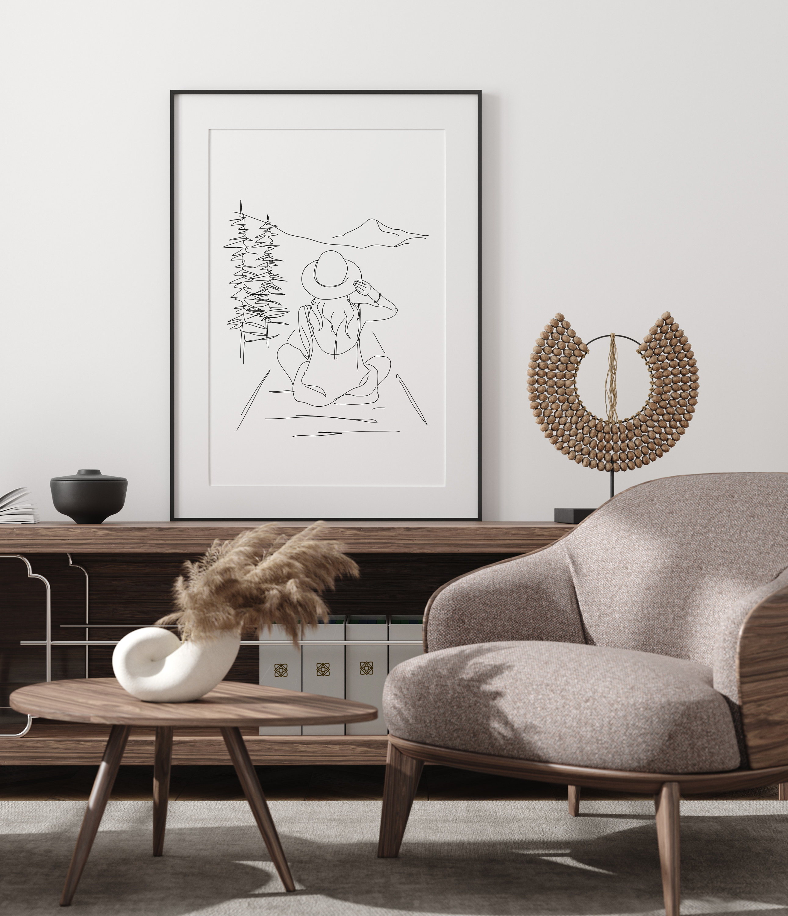 Wanderlust Line Drawing, Girl With Hat Line Art, Traveling Art Prints ...