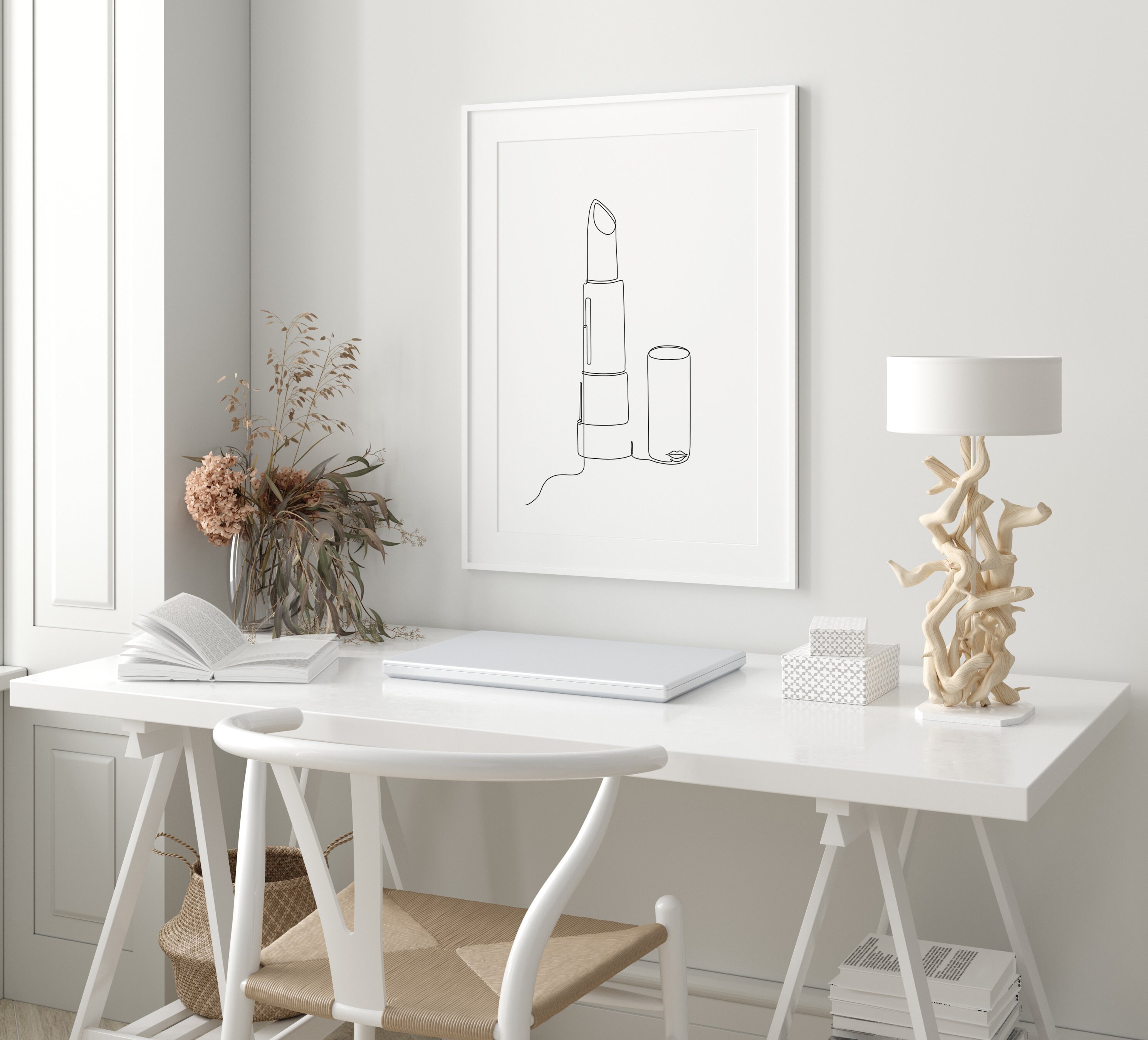 Lipstick Line Drawing, Makeup Line Art, Minimalistic Beauty Home Decor ...