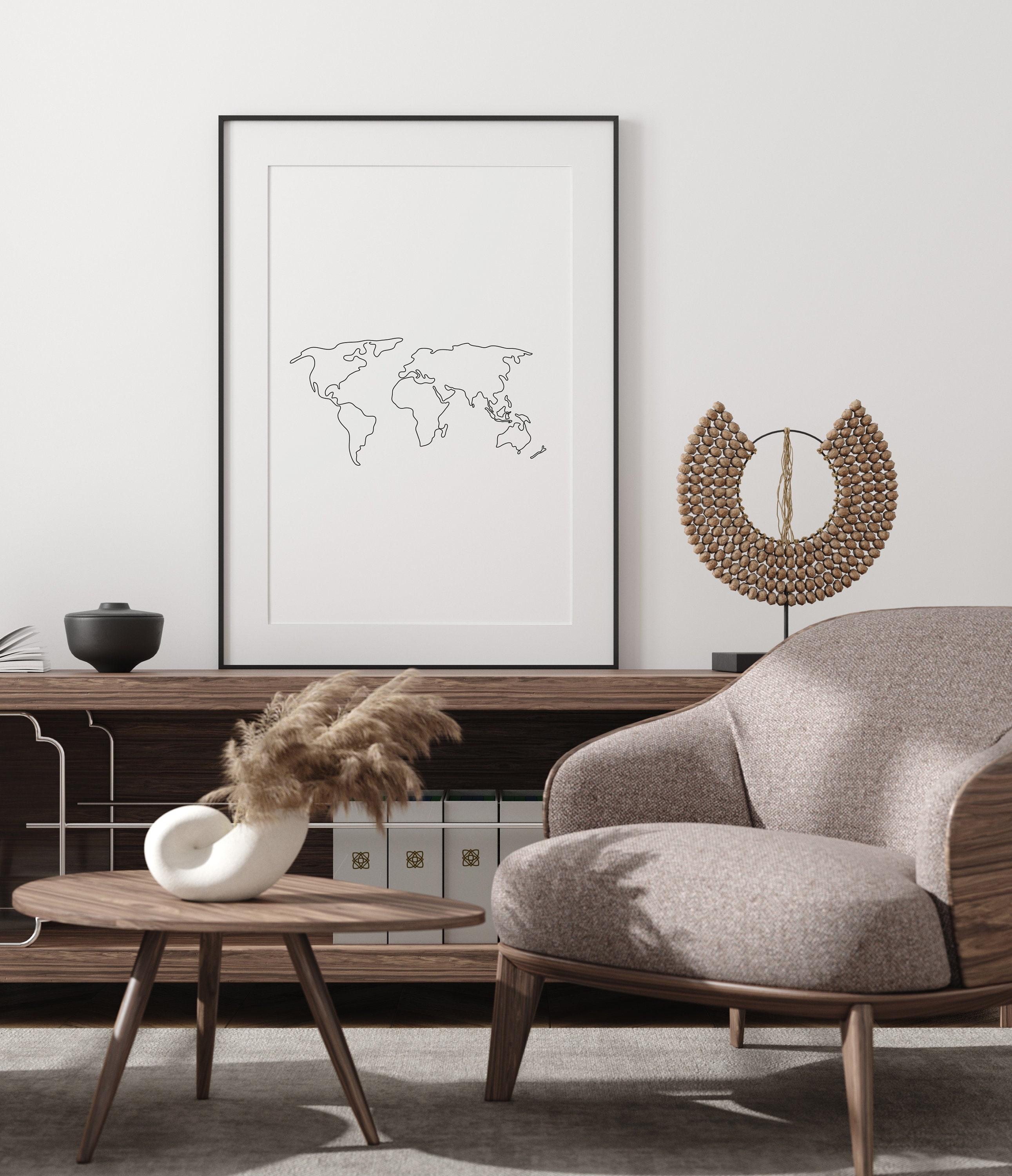 World Map Line Art, Black and White World Map Poster, Wanderlust Wall ...