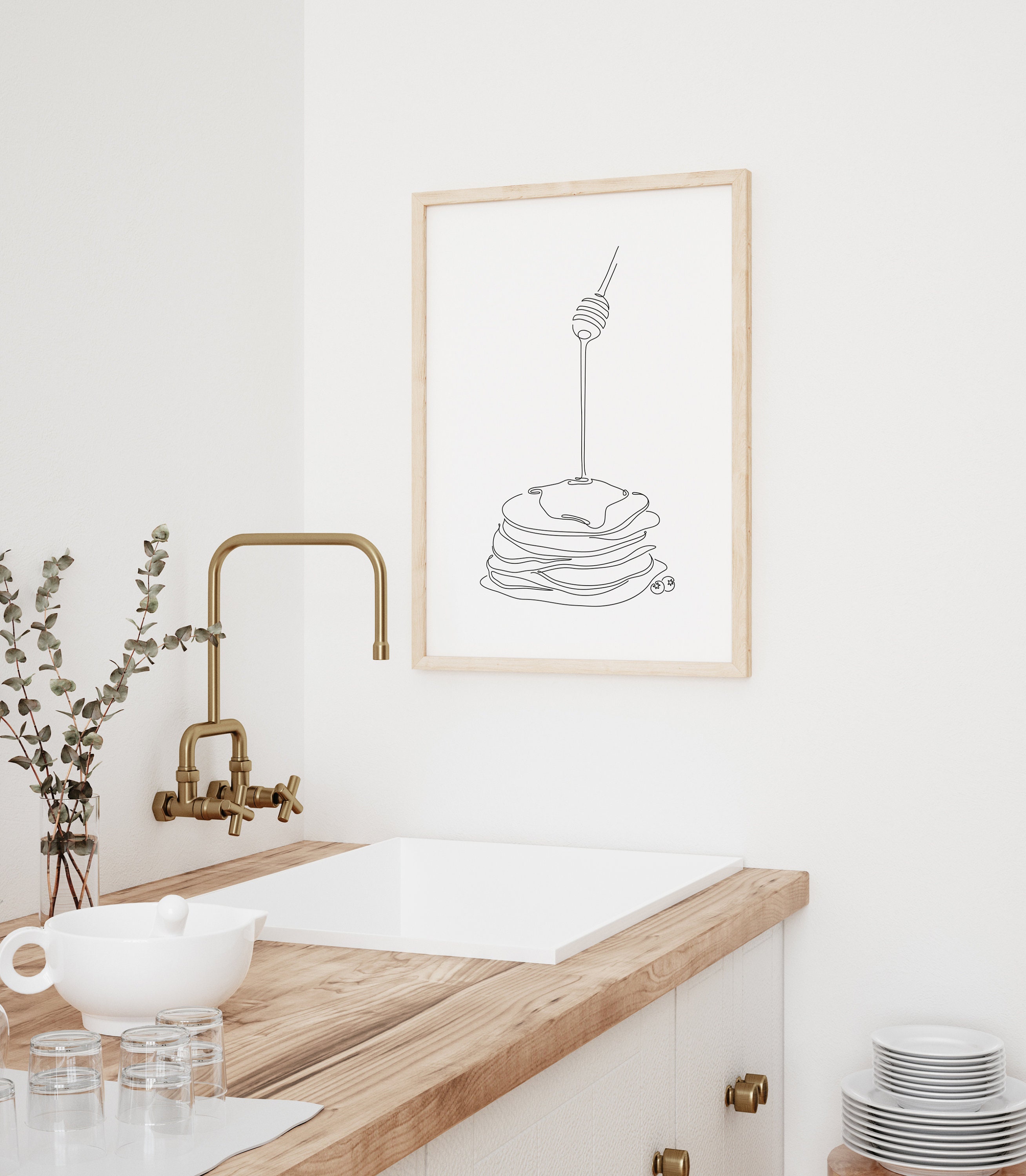 Pancakes With Syrup Poster, Breakfast Line Drawing, Pancakes Line Art ...